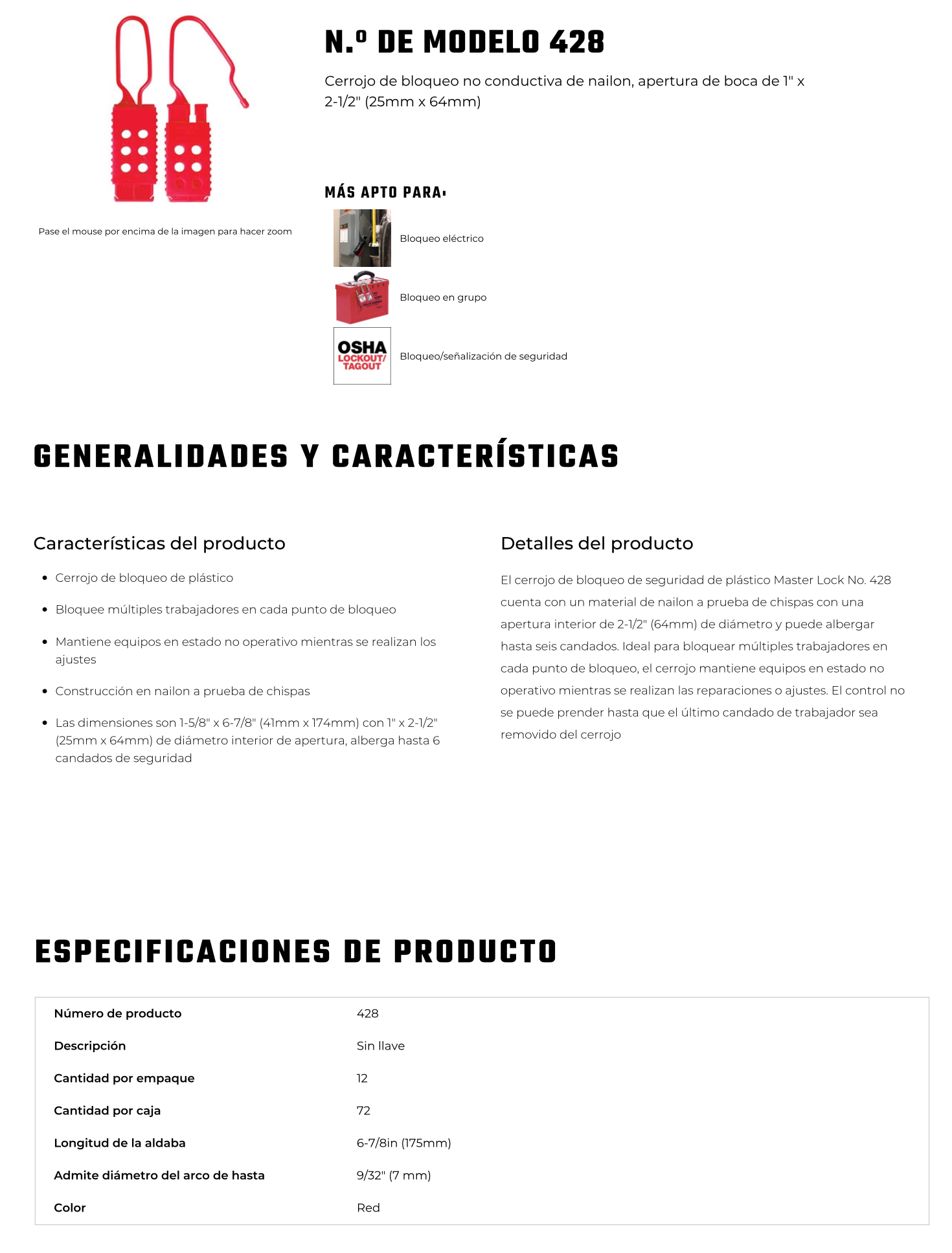 LOTO-MAS-428 ALDABA PLAST NO CONDUCTORA P/6 CAND Master Lock – SIBSA