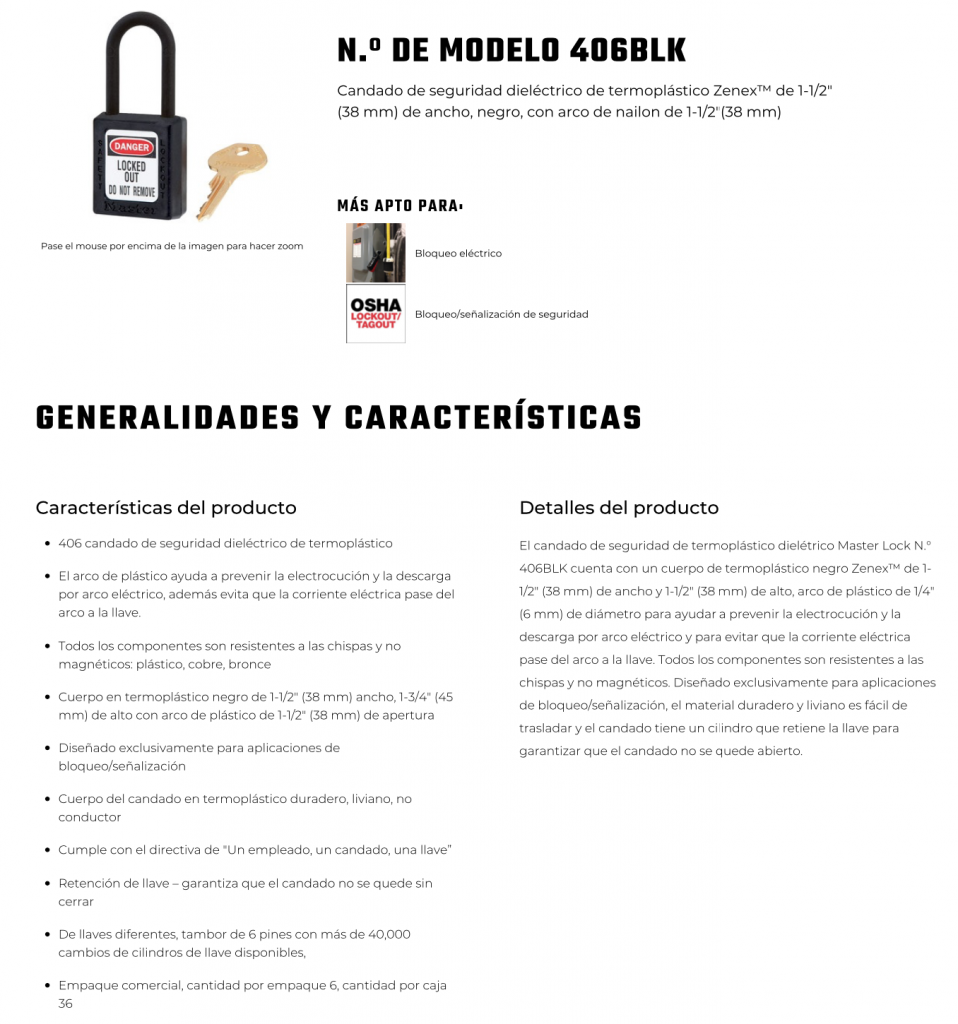 LOTO-MAS-406-BLK CANDADO DE SEGURIDAD Master Lock – SIBSA